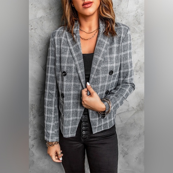 Jackets & Coats | Plaid Doublebreasted Flap Pocket Blazer Mid Gray ...